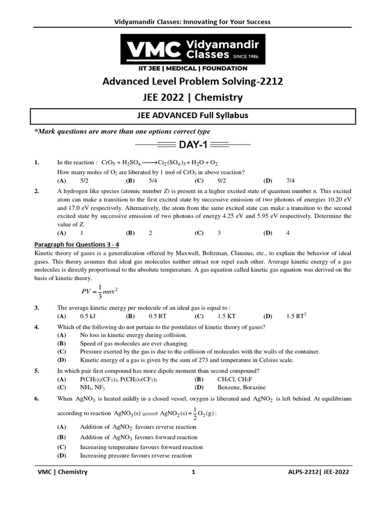 JEE 2022 Chemistry Advanced Problems | PDF | Gases | Excited State