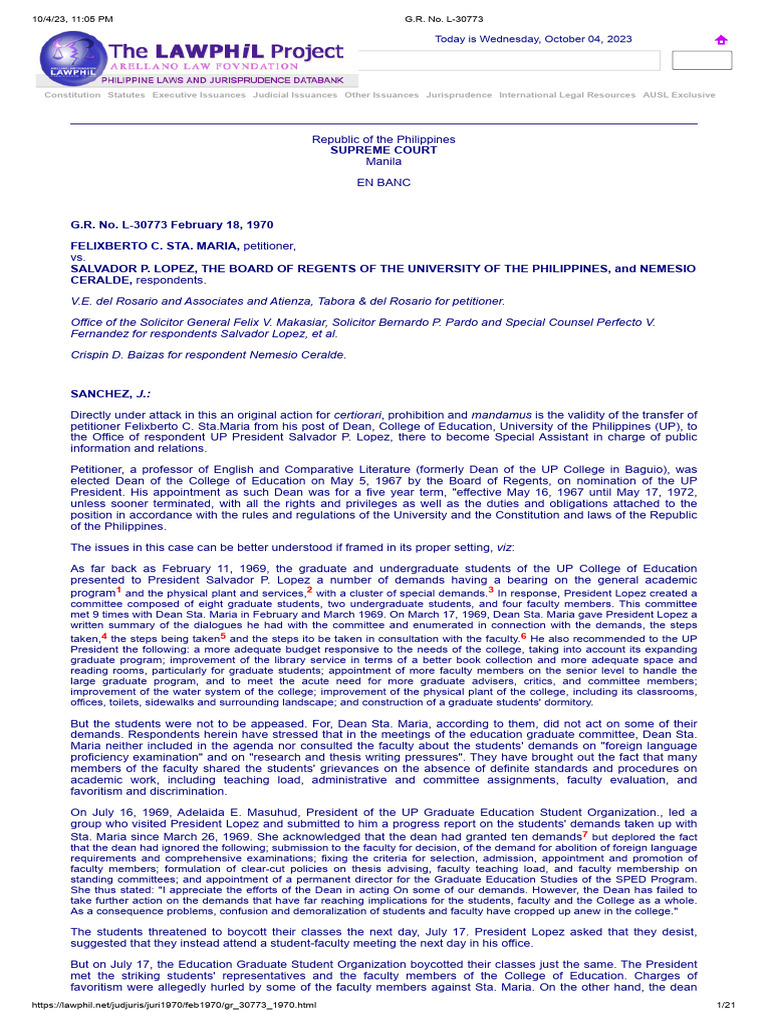 UP Dean Transfer Case: Sta. Maria v. Lopez | PDF | Due Process | Rule ...