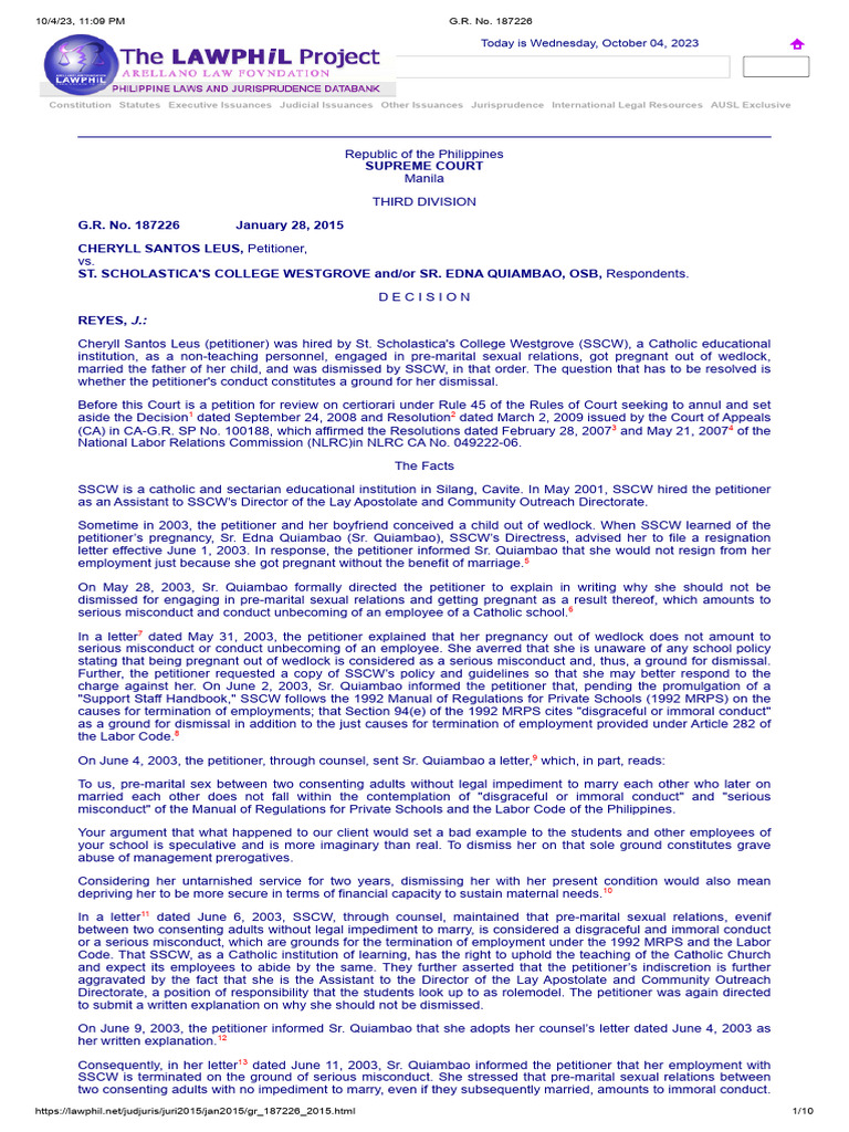 G.R. No. 187226 (Leus vs. St. Scholatica's College) | PDF | Social ...