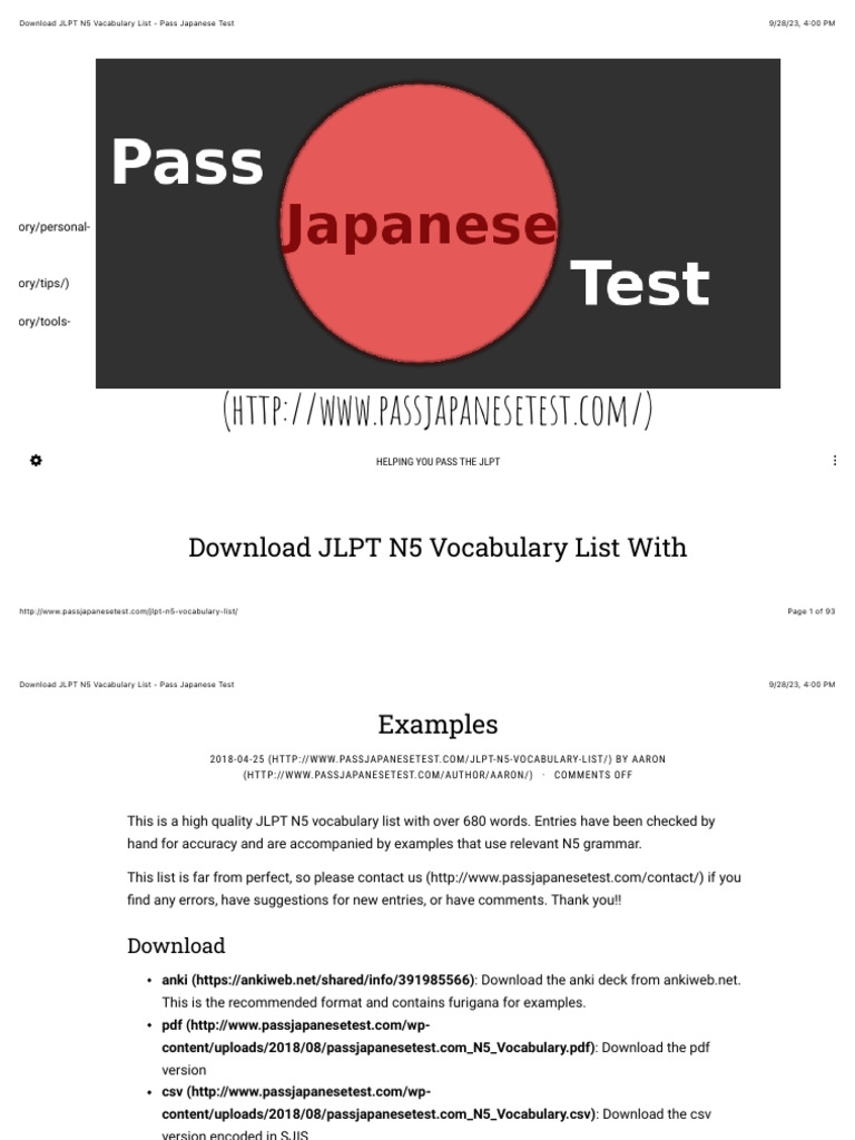 JLPT N5 Vacabulary List - Pass Japanese Test | PDF | Japanese Language