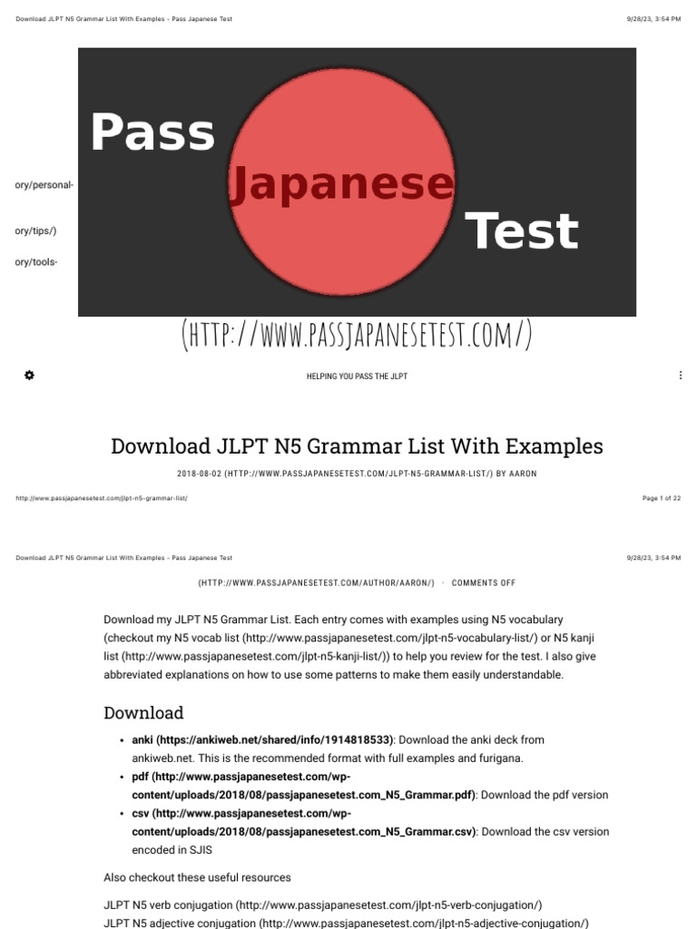 JLPT N5 Grammar List With Examples - Pass Japanese Test | PDF ...