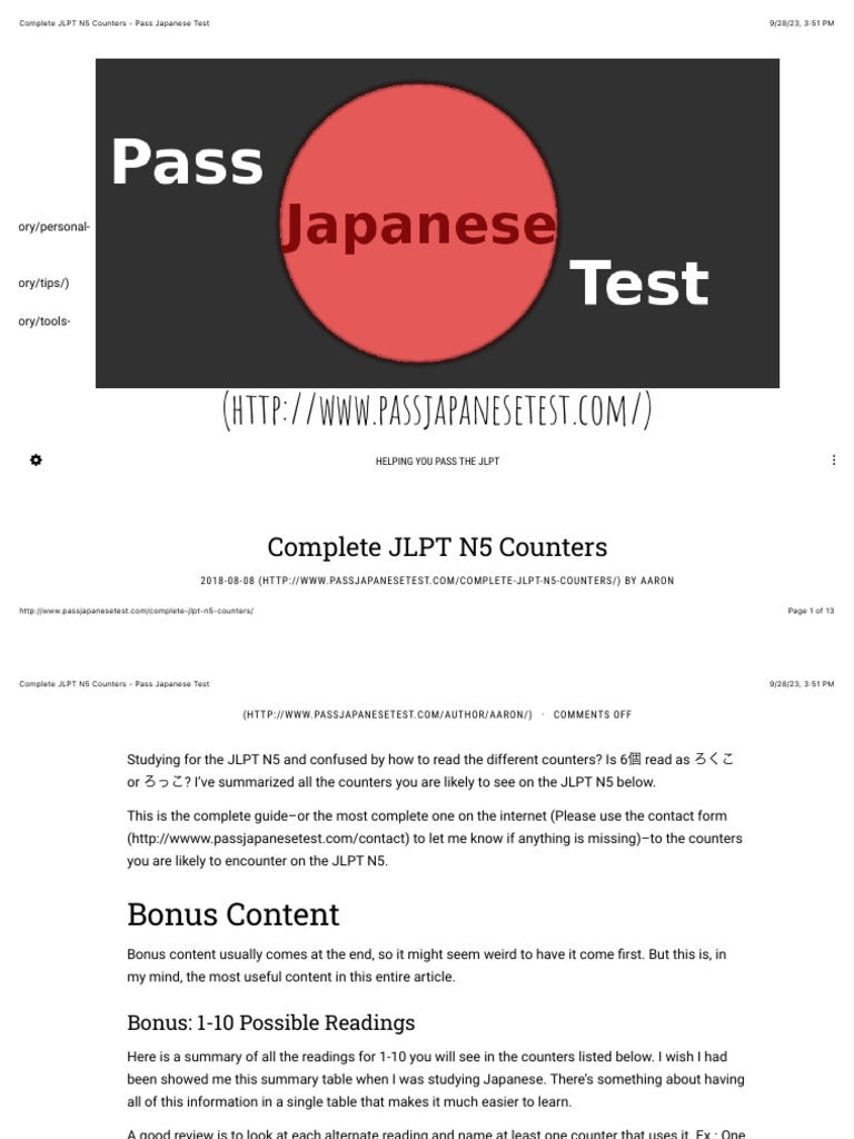 Complete JLPT N5 Counters - Pass Japanese Test | PDF