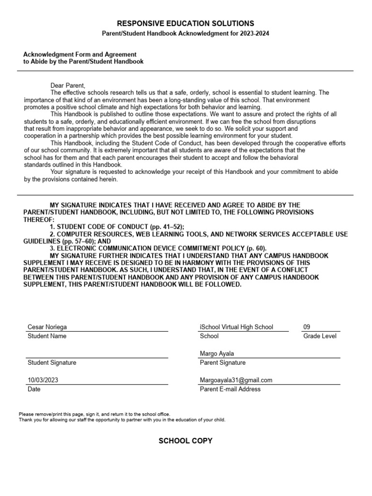 Parent Handbook Acknowledgment | PDF | Signature
