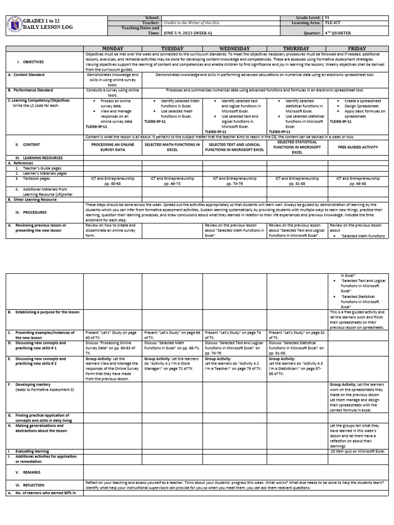 DLL - Tle-Ict 6 - Q4 - W6 | PDF | Spreadsheet | Educational Technology