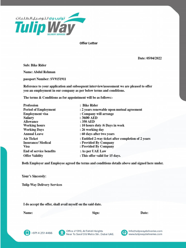 Dubai Bike Rider Job Offer Letter | PDF