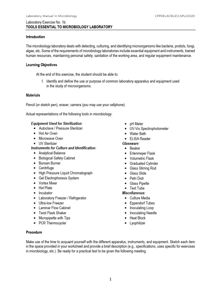 Lab 1b Lab Equipment Pdf Laboratories Laboratory Equipment