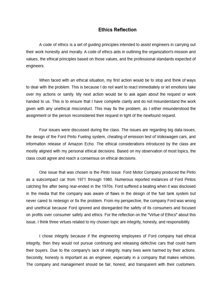 Ethics Reflection | PDF | Integrity | Ford Motor Company