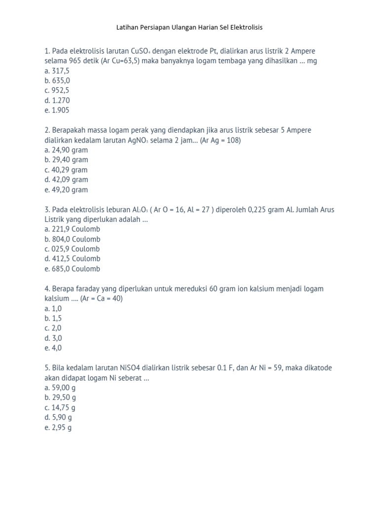 Soal Sel Elektrolisis | PDF | Sains & Matematika