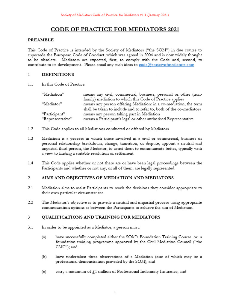 Code of Practice For Mediators 2021 | PDF | Mediation | Private Law