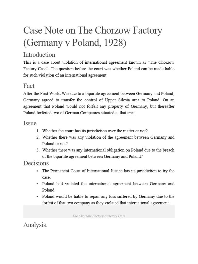 Case Note On The Chorzow Factory | PDF | International Law | Damages