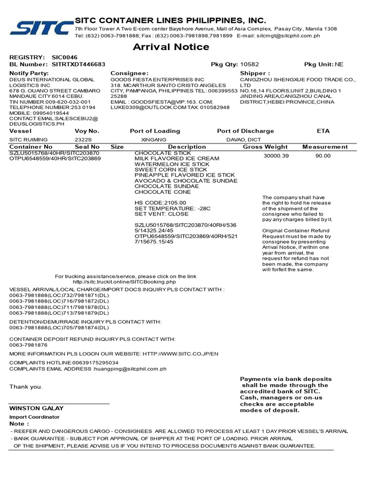 SITC Arrival Notice for Davao Shipment | PDF