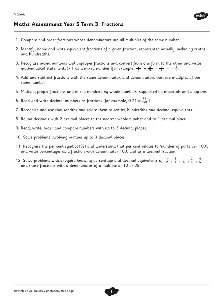 T2 M 1209 Year 5 Maths Assessment Number Fractions T3 | PDF