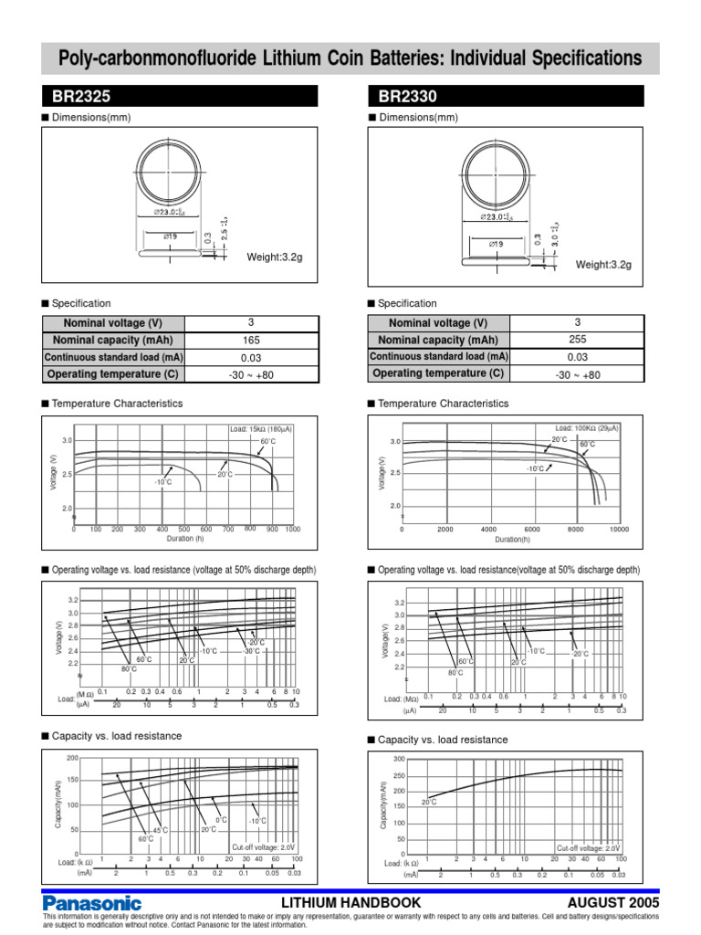 Panasonic Lithium BR2325 BR2330 | PDF | Electrical Components | Energy ...