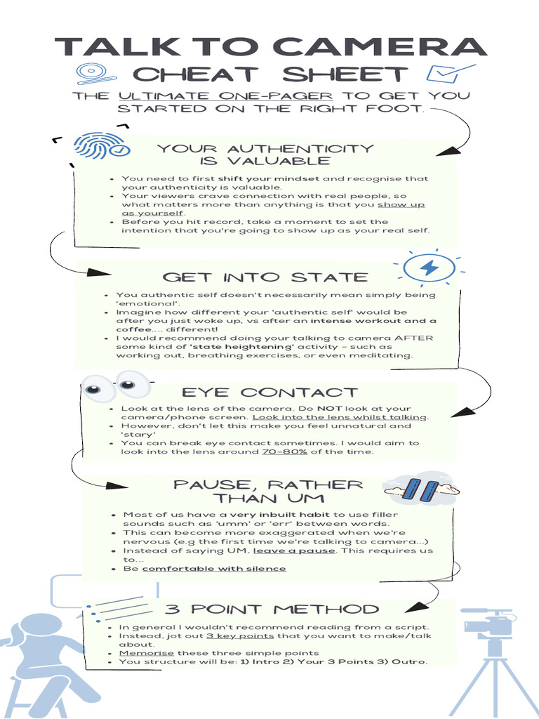 Talk To Camera One Page Cheat Sheet | PDF