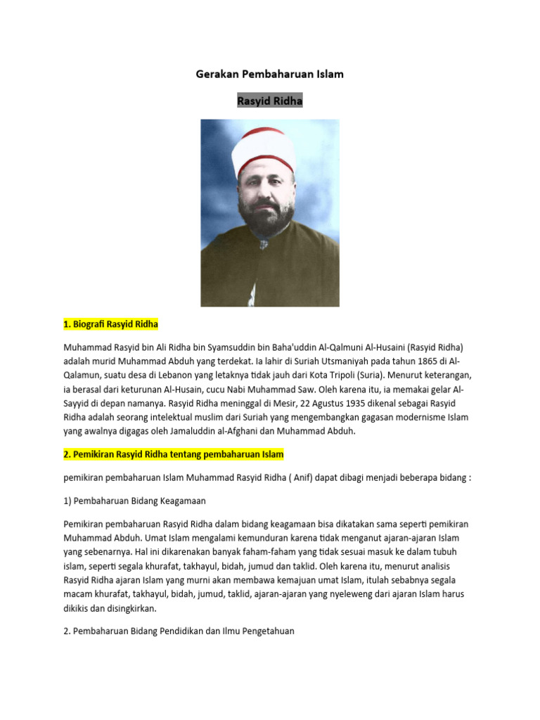 Gerakan Pembaharuan Islam Rasyid Ridha | PDF