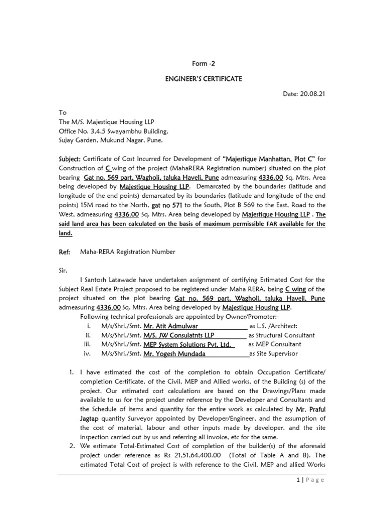 1 Engineer’s Certificate on Cost Incurred on Project (Form 2) | PDF