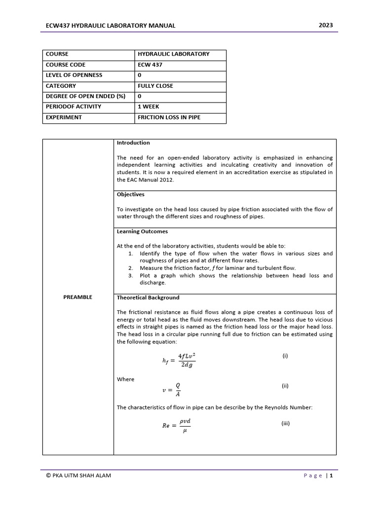 Level 0 ECW437 Friction Loss in Pipe - MAC 2023 | Download Free PDF | Fluid Dynamics | Reynolds ...