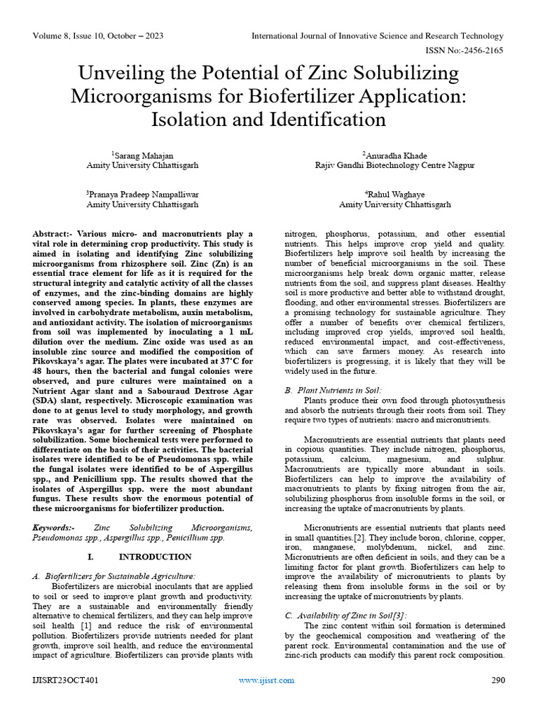 Unveiling The Potential of Zinc Solubilizing Microorganisms For Biofertilizer Application ...