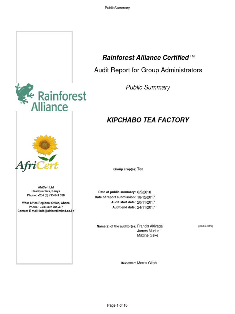 Kipchabo Tea Factory | PDF | Audit | Sewage