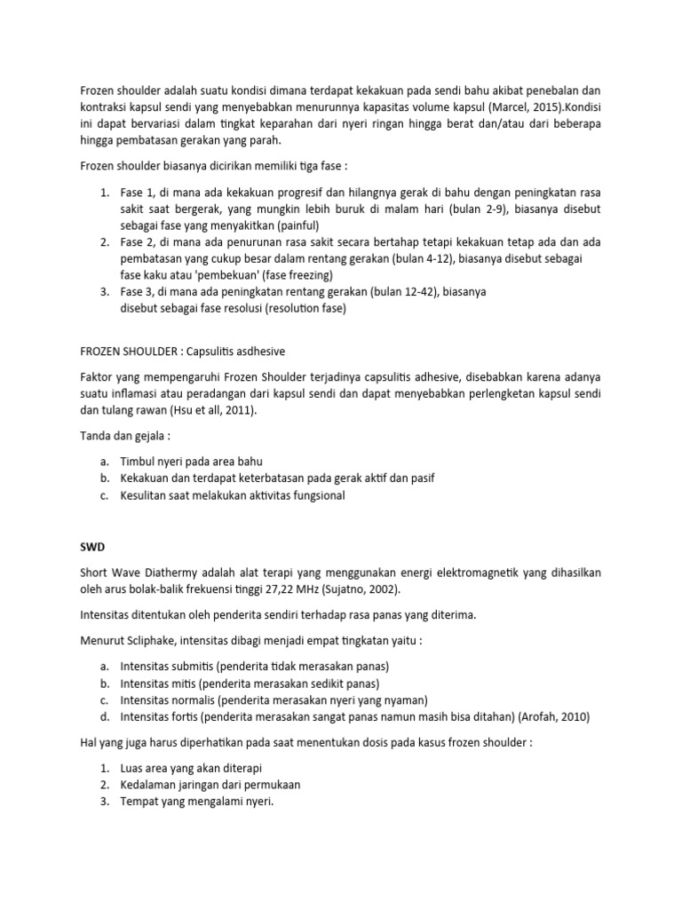 SWD Dan MWD Pada Frozen Shoulder (Capsulitis Adhesive) | PDF