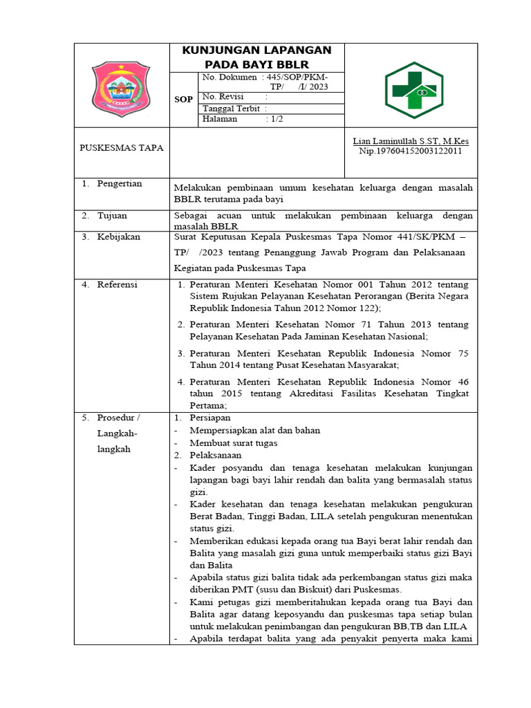 Sop Kunjungan Lapangan Pada Bayi BBLR | PDF | Pengembangan Diri | Kesehatan Holistik