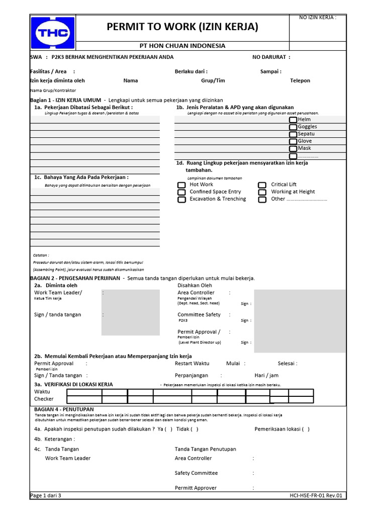 HCI-HSE-FR-01 Rev. 00 Work Permit | PDF