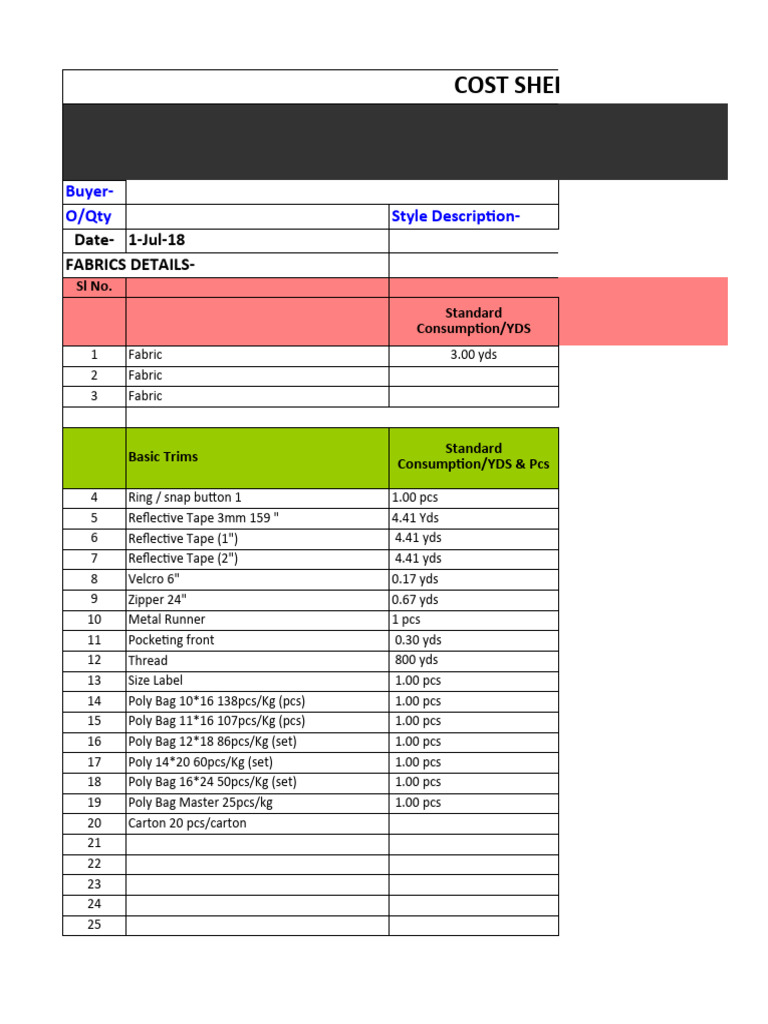 Costing Sheet | PDF
