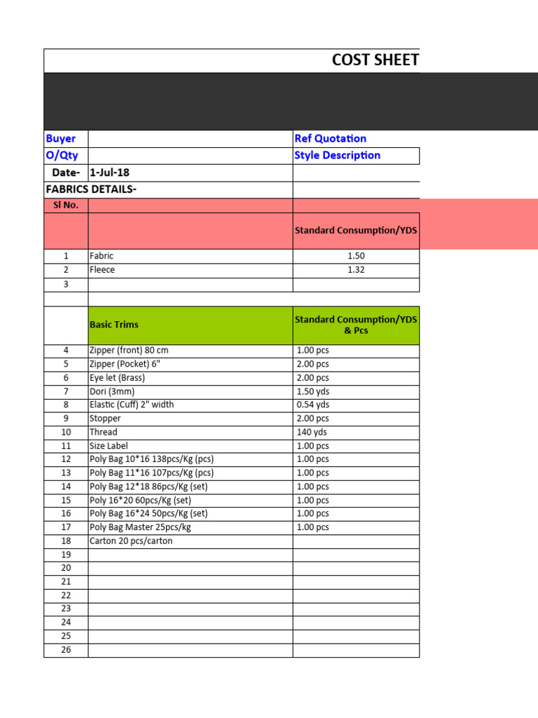 Costing Sheet | PDF | Textiles