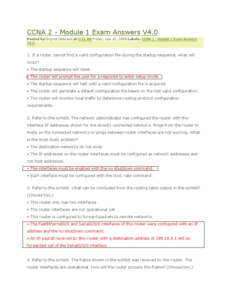 CCNA 2 - Module 1 Exam Answers V4.0 | Download Free PDF | Router (Computing) | Computer Network
