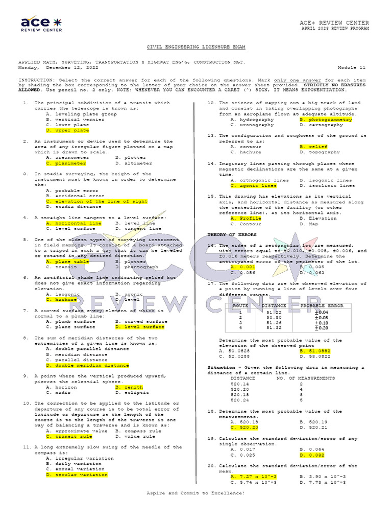 CE Module 11 - Surveying (Answer Key) | PDF