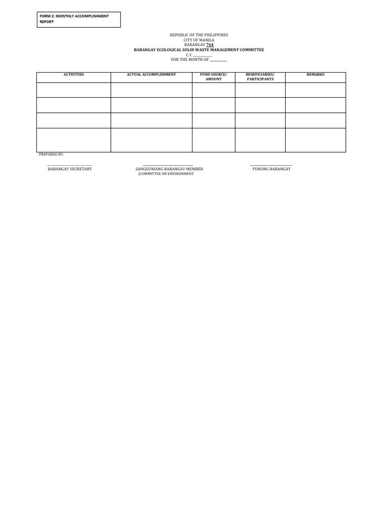 BESWMC Monthly Accomplishment Report - TEMPLATE | PDF
