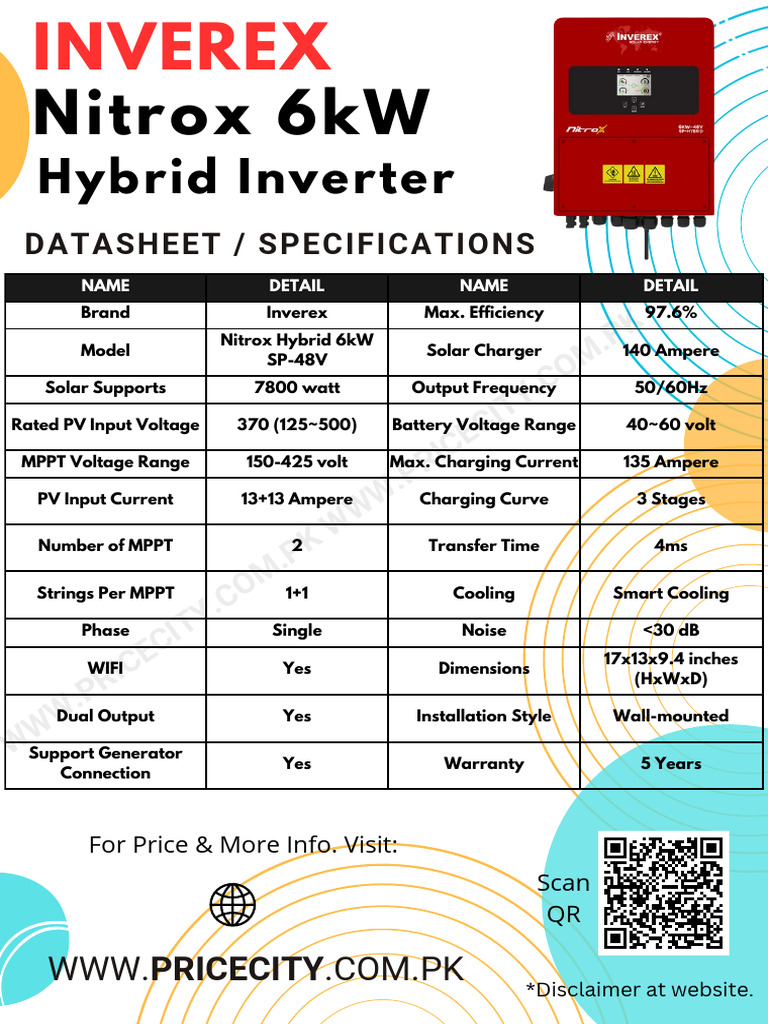 Inverex Nitrox 6kW Hybrid Inverter Datasheet Specifications | PDF | Battery Charger | Electrical ...