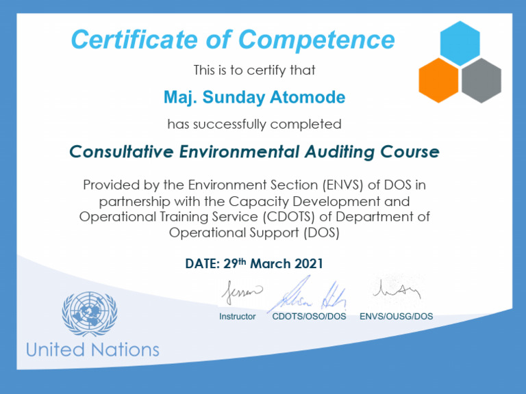 Certificate of Competence - Maj Sunday Atomode | PDF