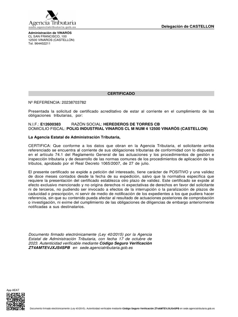 Certificado Corriente Pago AEAT | PDF