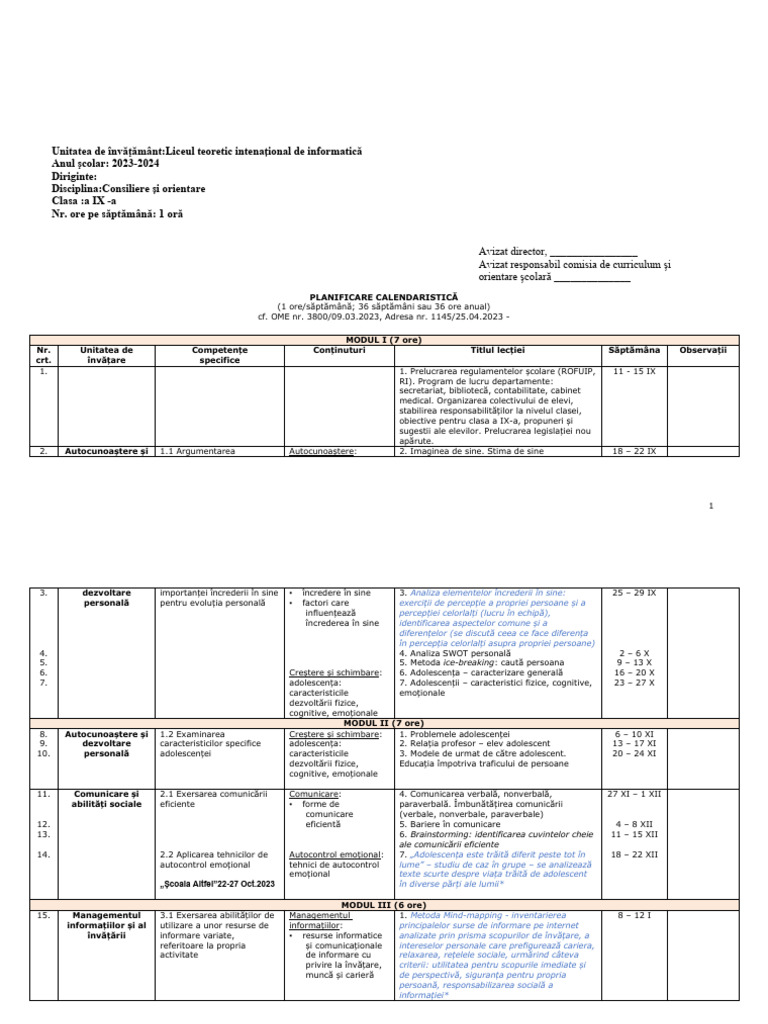 Planificare A IX A Dirigentie - Module - Doc 2023-2024 | PDF