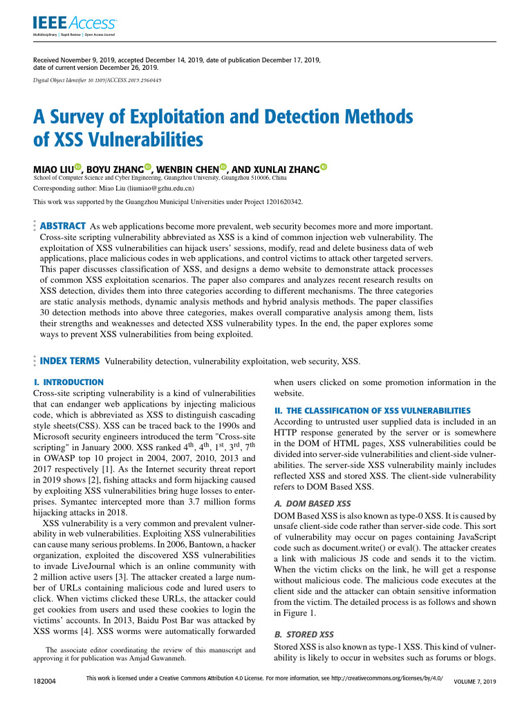 1 A Survey Of Exploitation And Detection Methods Of Xss Vulnerabilities Pdf