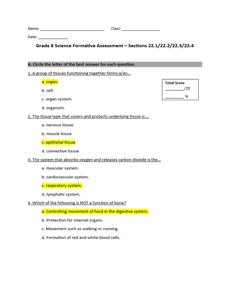 Gr 8 22.1-22-4 formative ans key | PDF | Human Body | Skin