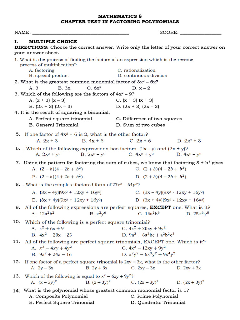 Math8-Factoring Polynomials Test | PDF | Teaching Methods & Materials