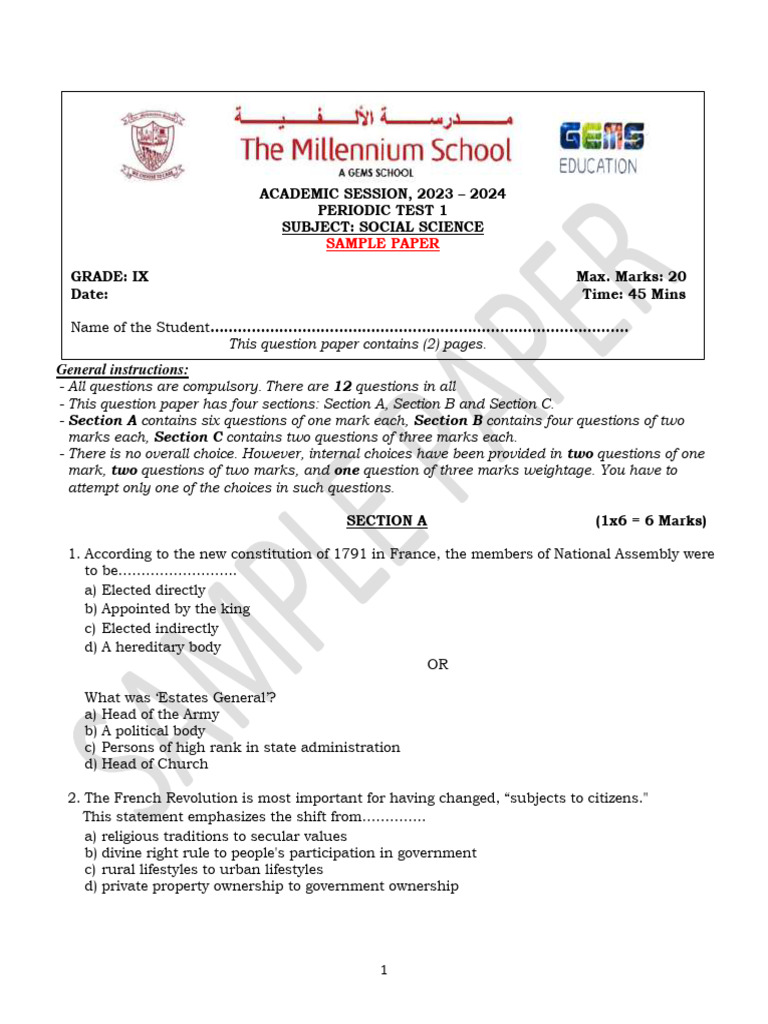 Grade 9 - SST - PT1 - SAMPLE PAPER | PDF | Government