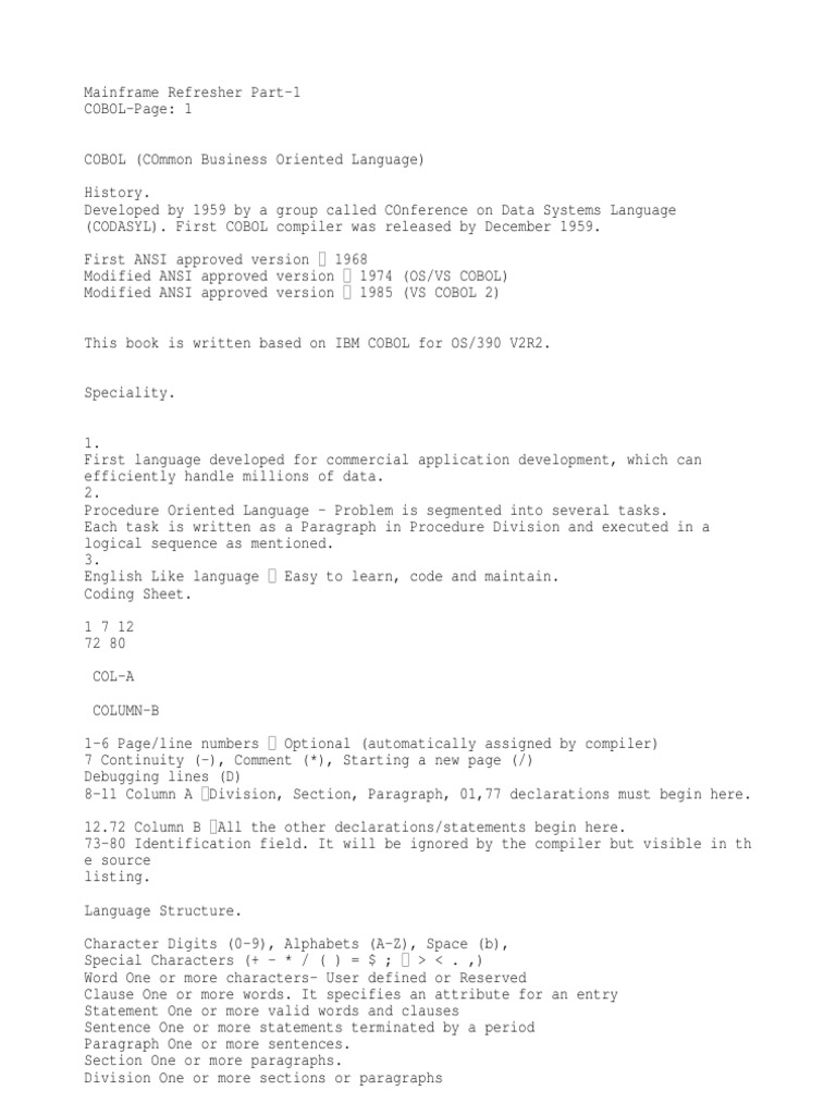 COBOL Mainframe Refresher Guide | PDF | Byte | Subroutine