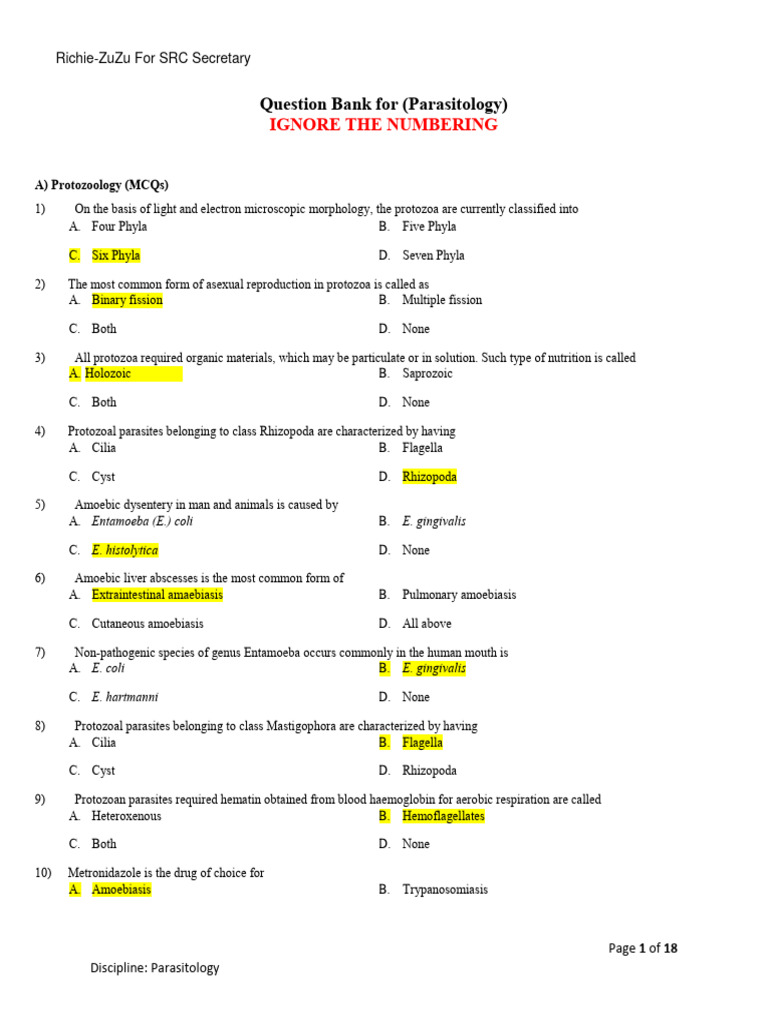 Parasitology MCQ 2 | PDF | Protozoa | Parasitology