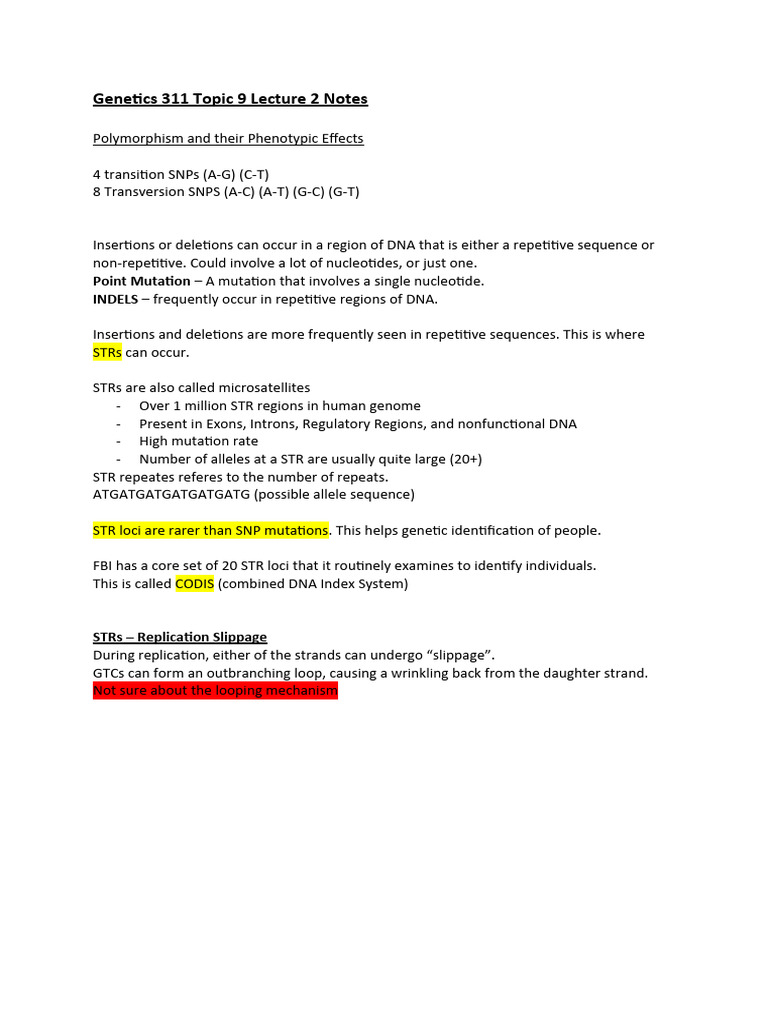 Genetics 311 Topic 9 Lecture 2 Notes | PDF
