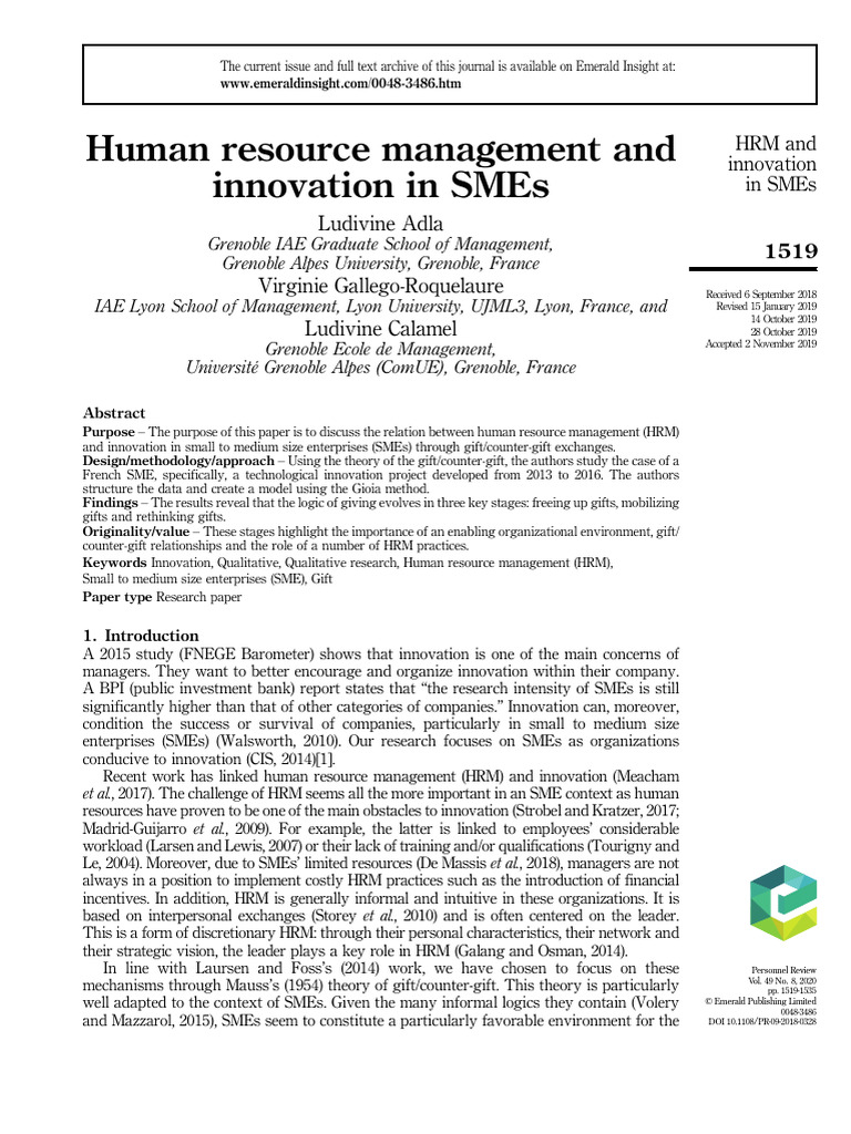 Human Resource Management and Innovation in SMEs | PDF | Innovation | Small And Medium Sized ...