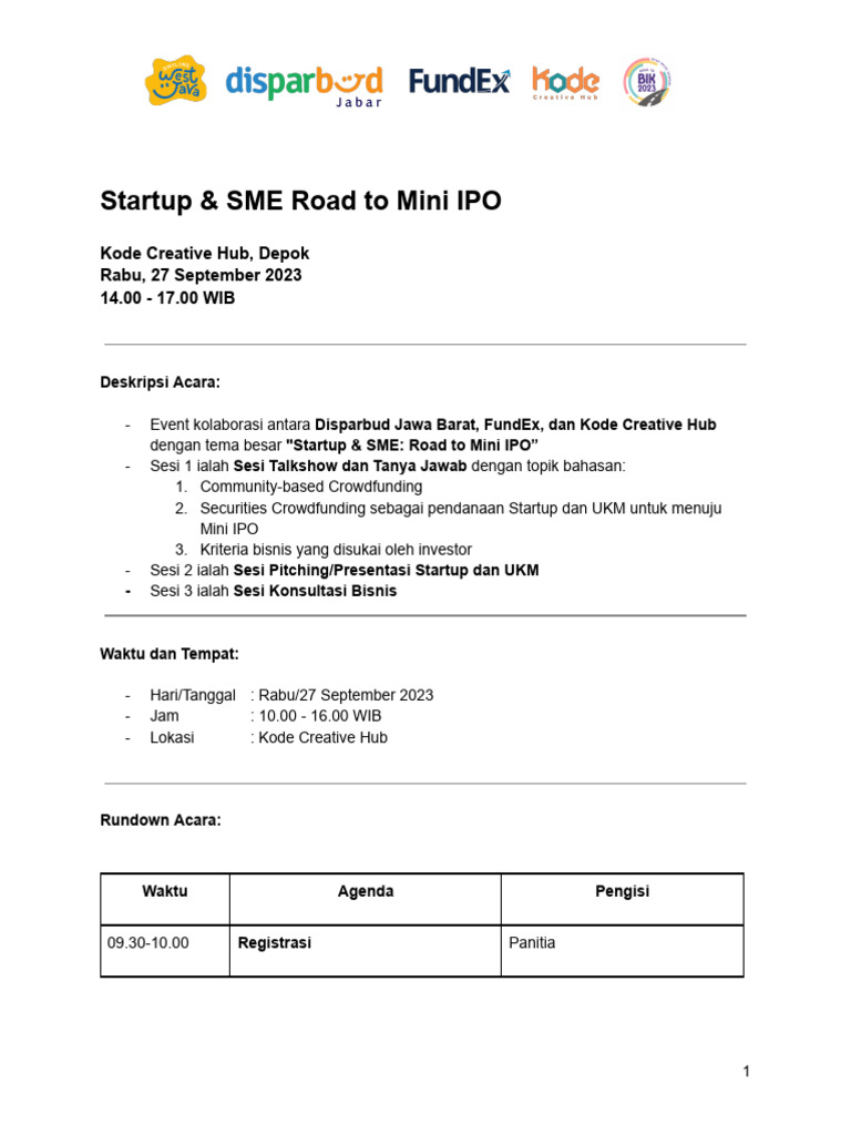 Rundown Acara - Startup & SME Road To Mini IPO-2 | PDF