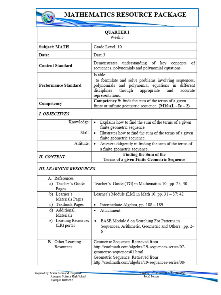 Mathematics Resource Package: Quarter I Subject: MATH Date: - Day: 3 ...