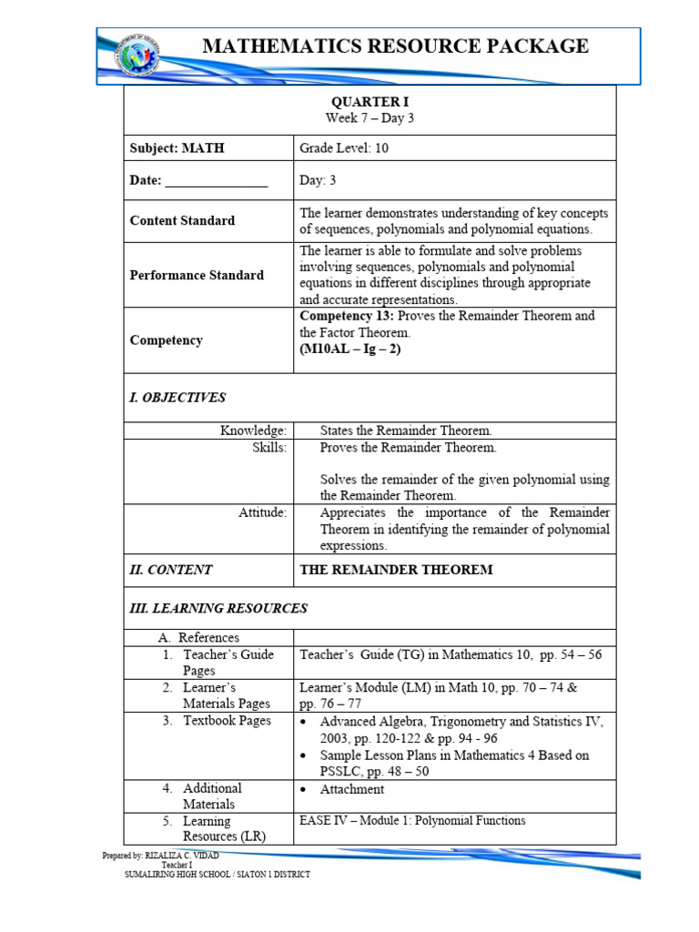 Mathematics Resource Package: Quarter I Subject: MATH Date: - Content ...