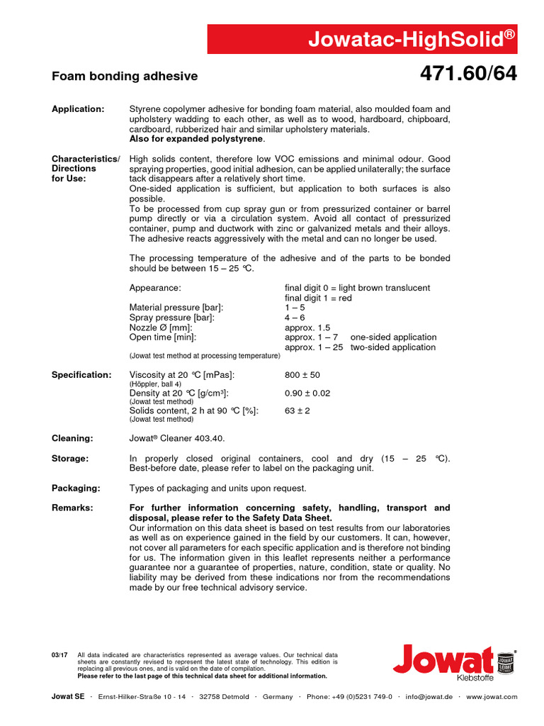 Jowatac 47160 TDS | PDF | Polystyrene | Adhesive
