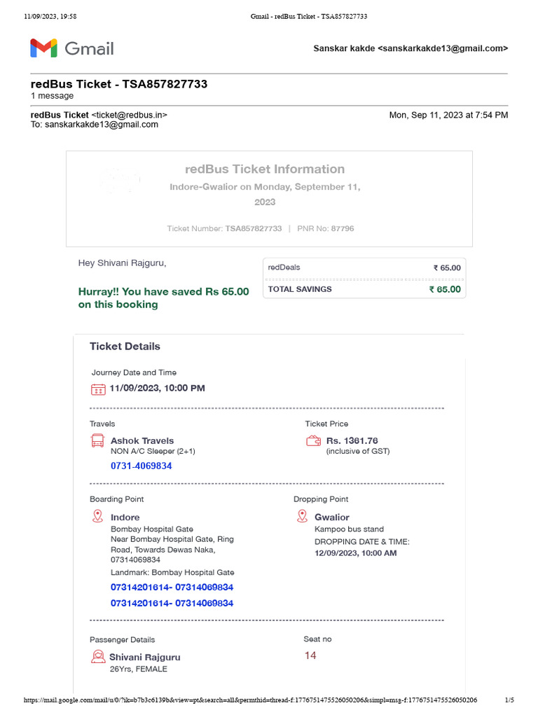 Gmail - Redbus Ticket - TSA857827733 | PDF | Bus | Ticket (Admission)