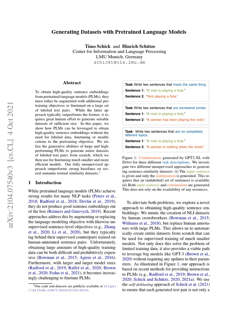 Generating Datasets With Pretrained Language Models Pdf Applied Linguistics Computing