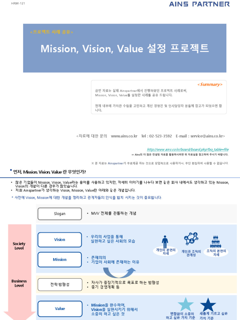 hrm121 - mission, vision, value 설정 프로젝트 사례 - 아인스파트너 | PDF